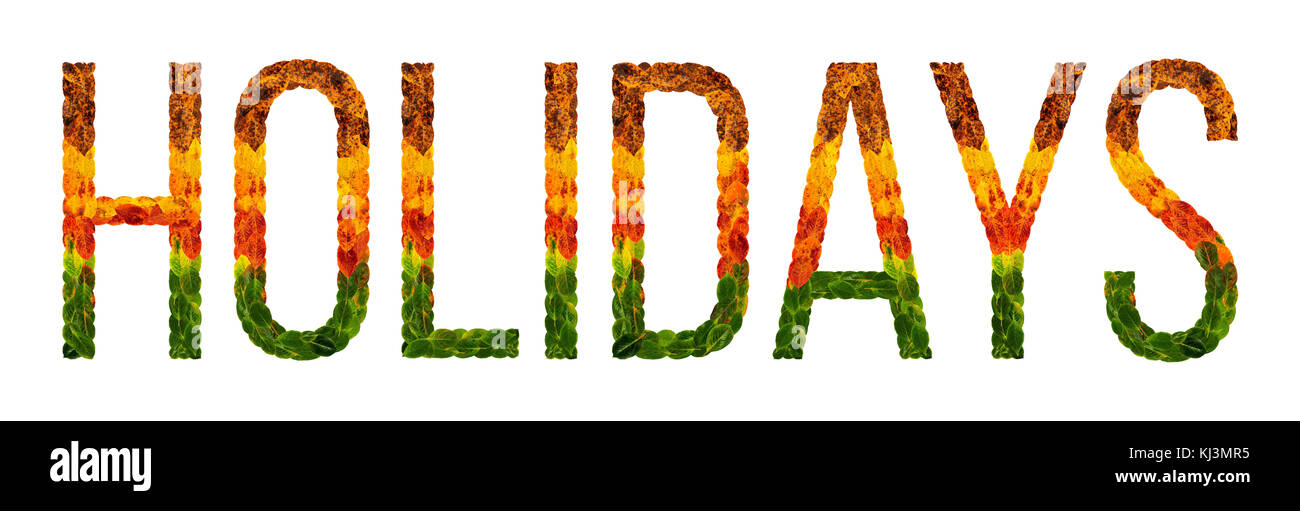 word holidays written with leaves white isolated background, banner for ...