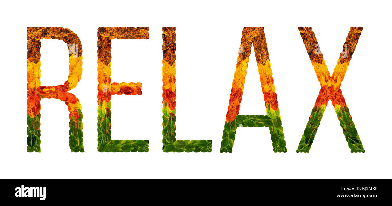 word relax written with leaves white isolated background, banner for ...