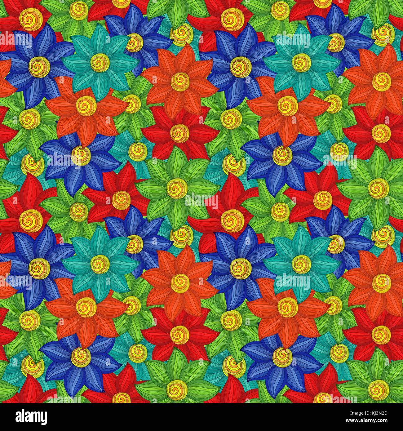 Seamless floral vector pattern with multicolour stylized flowers in red ...