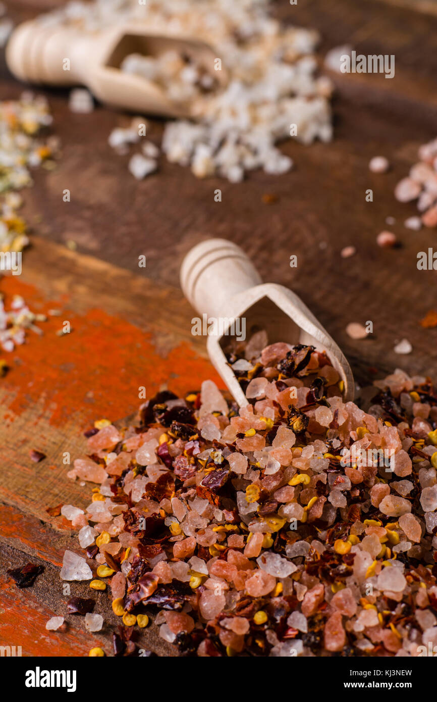 Variety of sea salt, pink Himalayan salt, colorful salt with dried ...