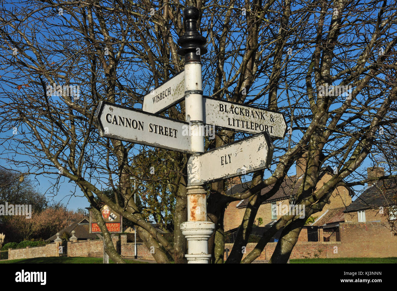 Traditional village sign post, Little Downham, Near Ely, Cambridgeshire ...