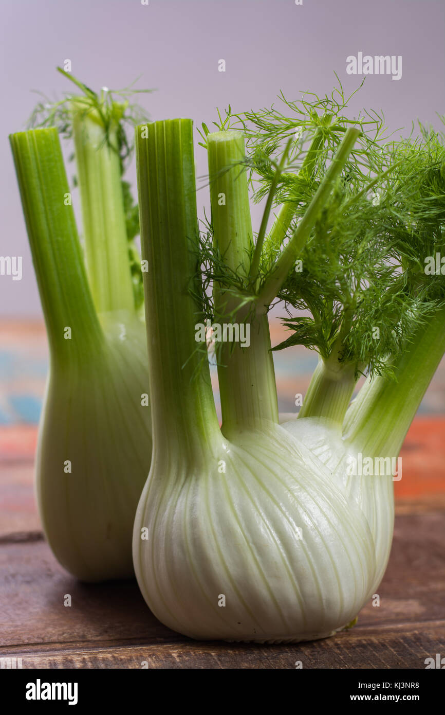Fresh raw organic Florence fennel bulbs, close up on wooden table Stock ...