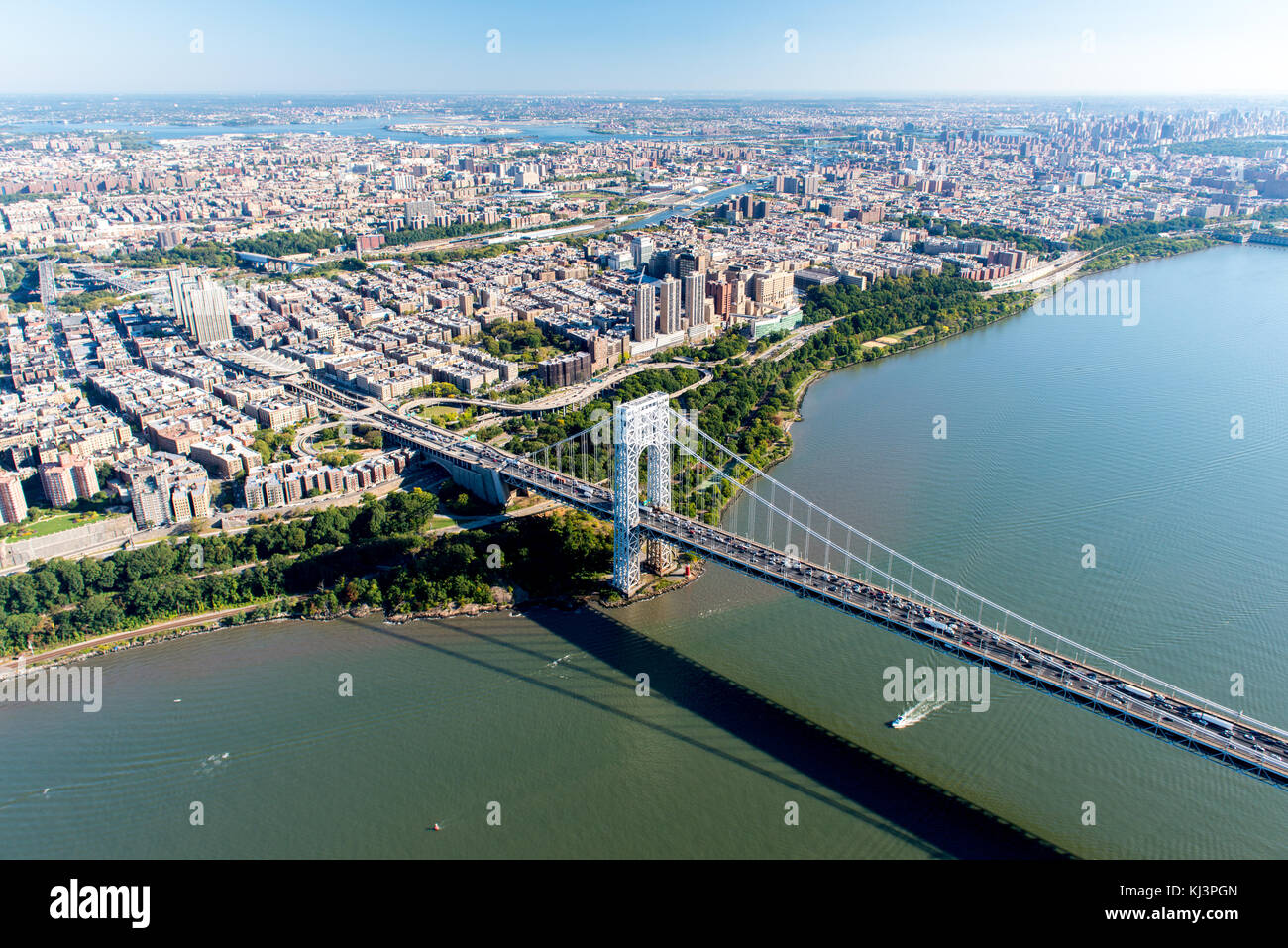 Stunning aerial view of the George Washington Bridge from a helicopter ...