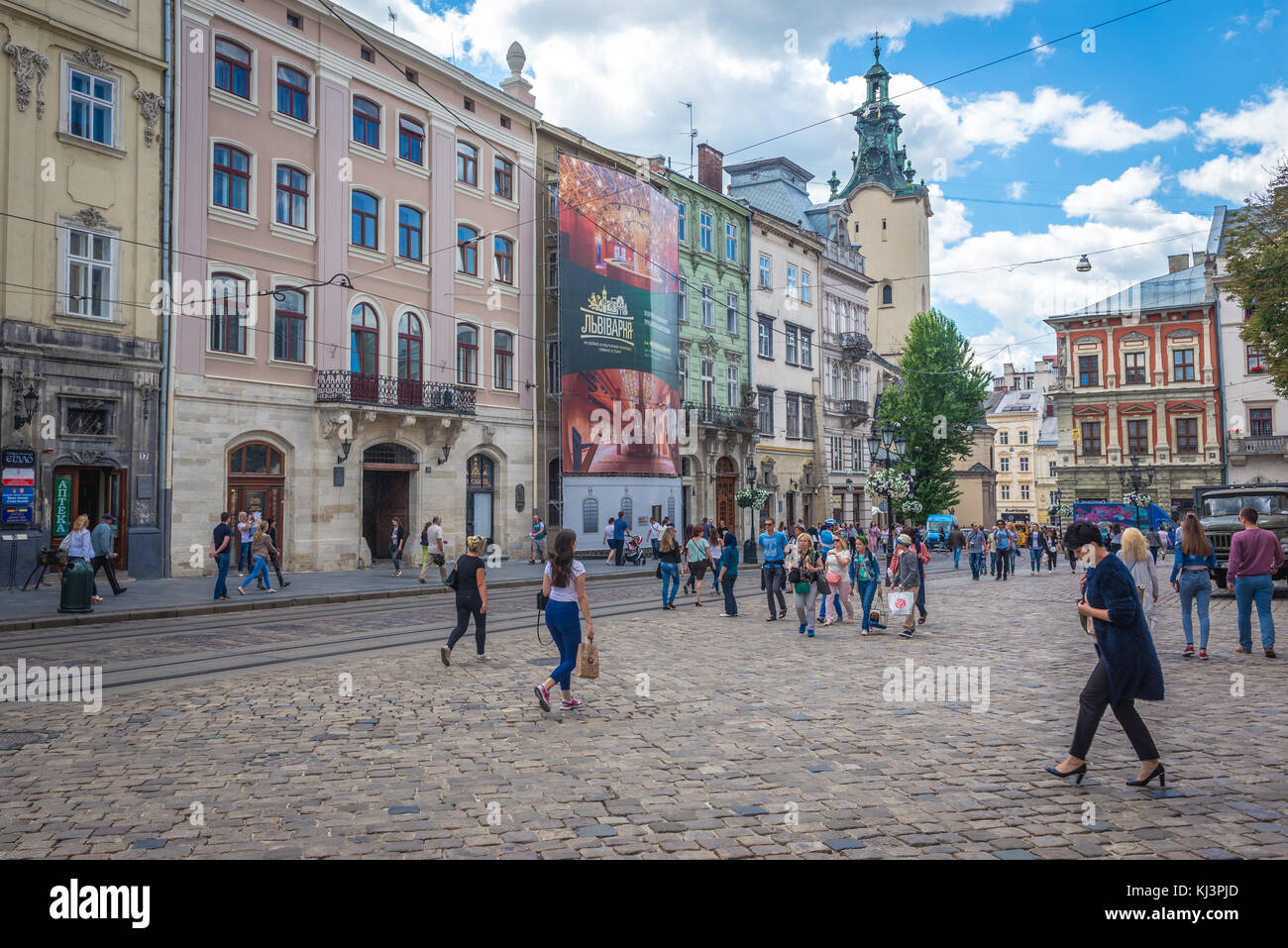 Market Square of Old Town in Lviv city, largest city in western Ukraine ...