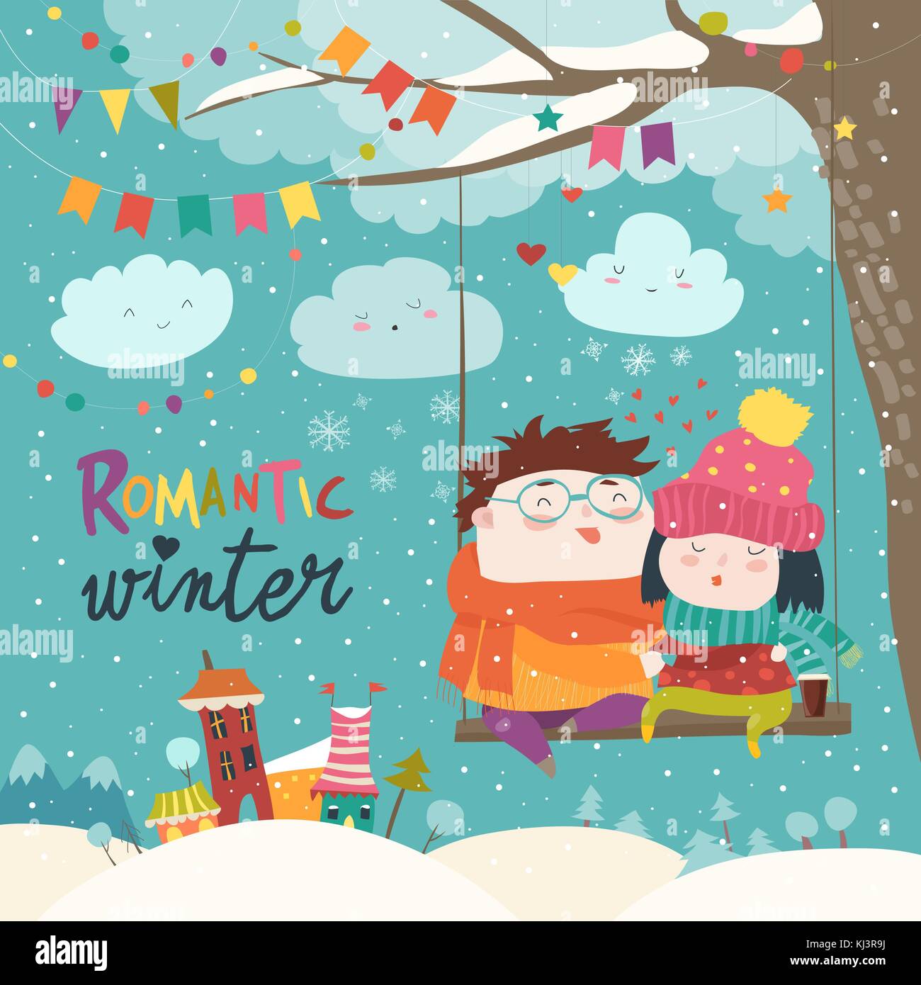cute winter cartoon couple swinging Stock Vector Image & Art - Alamy