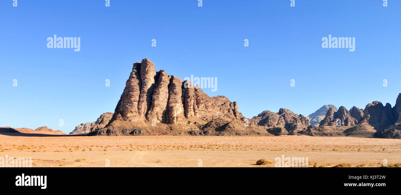 The Seven Pillars of Wisdom in Wadi Rum, Jordan. It is a valley cut ...