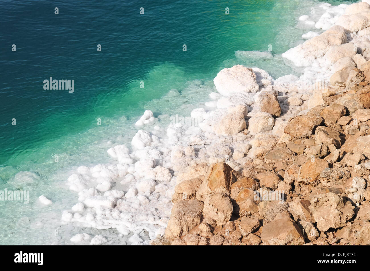 View of the Dead Sea coastline. The Dead Sea is the deepest hypersaline ...