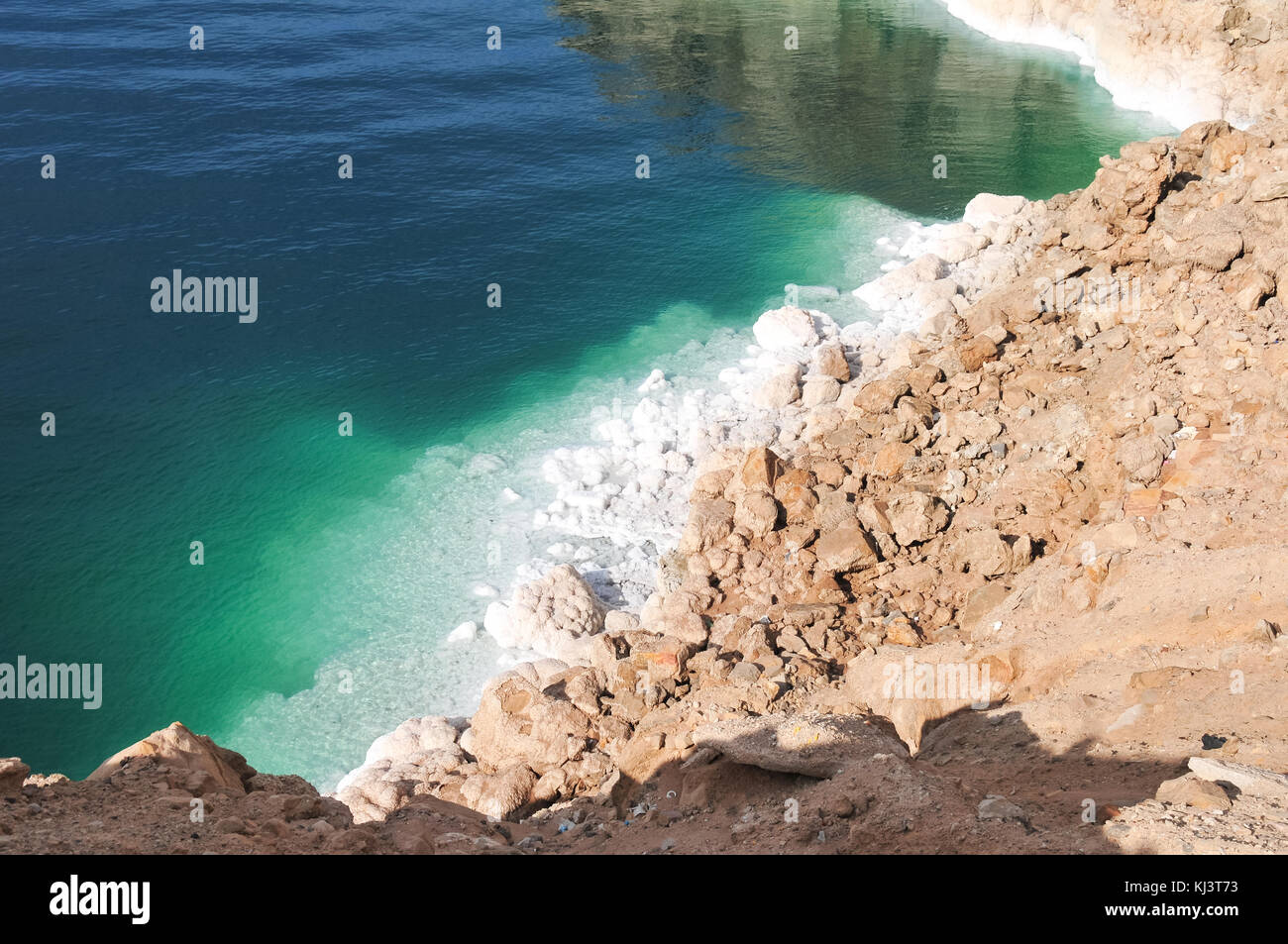 View of the Dead Sea coastline. The Dead Sea is the deepest hypersaline ...