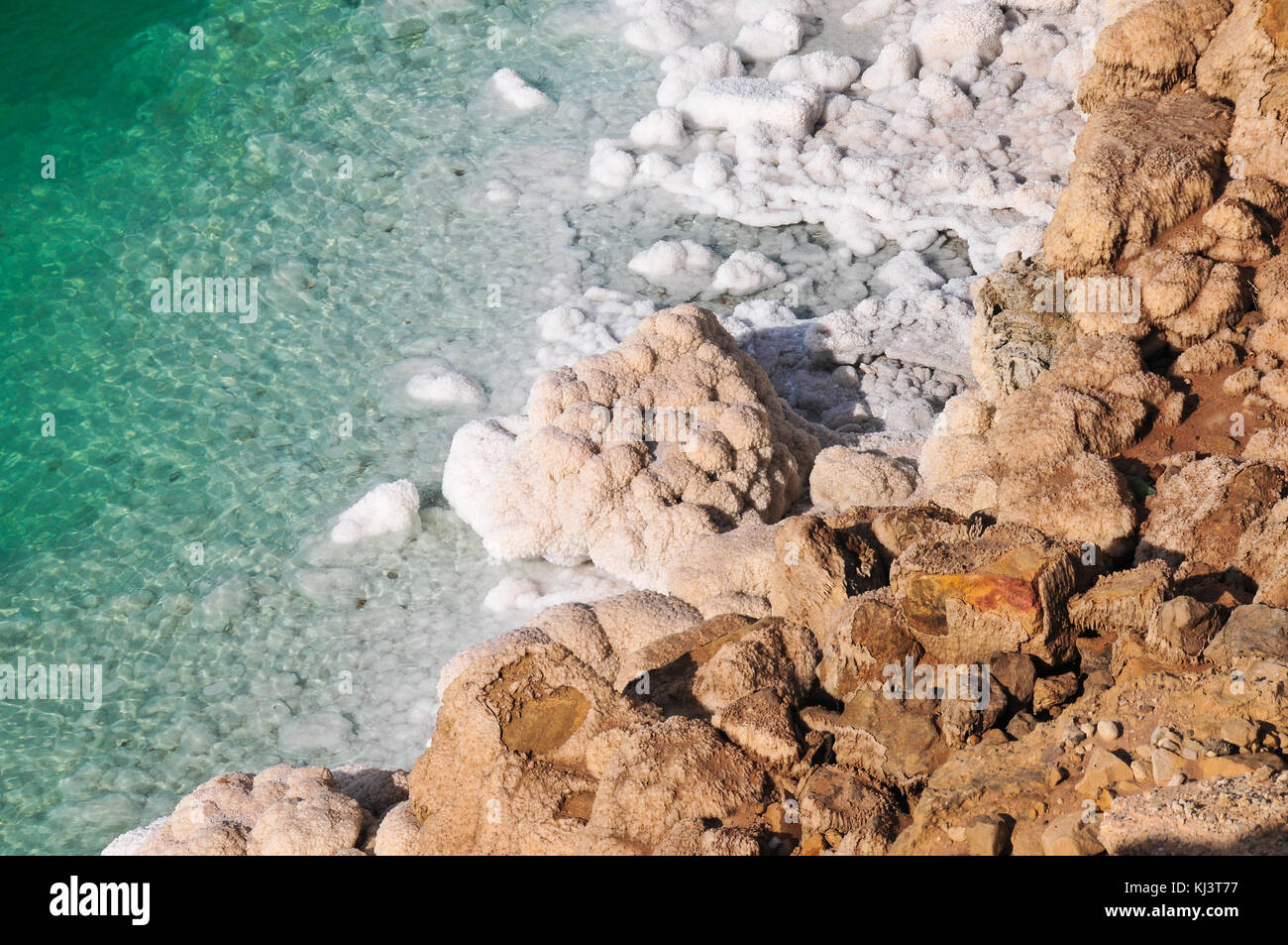 View of the Dead Sea coastline. The Dead Sea is the deepest hypersaline ...