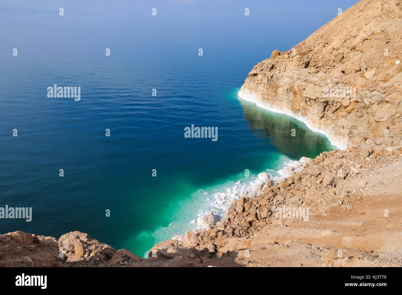 View of the Dead Sea coastline. The Dead Sea is the deepest hypersaline ...
