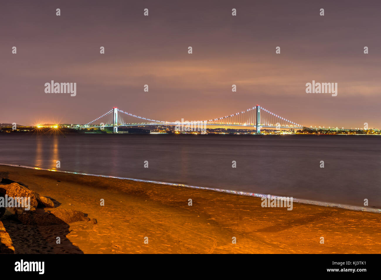 View of the Verrazano Narrows Bridge at night from Coney Island ...