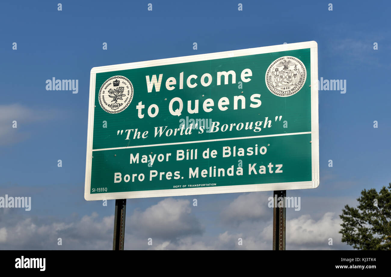 QUEENS, NEW YORK - SEPTEMBER 20, 2014: Welcome to Queens Sign for ...