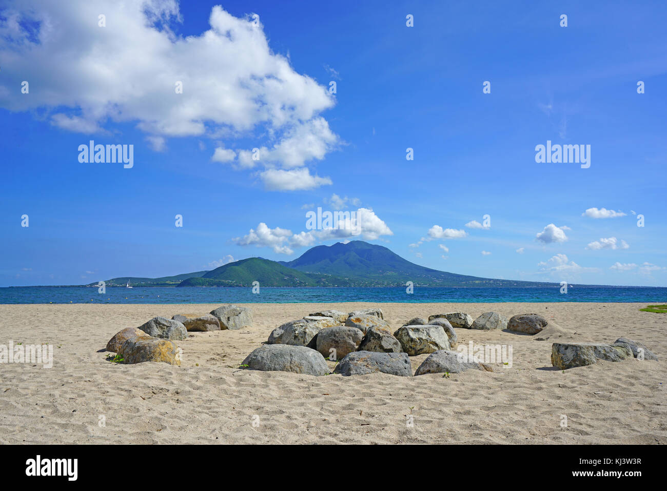 View of the Nevis Peak volcano across the water from St Kitts Stock ...