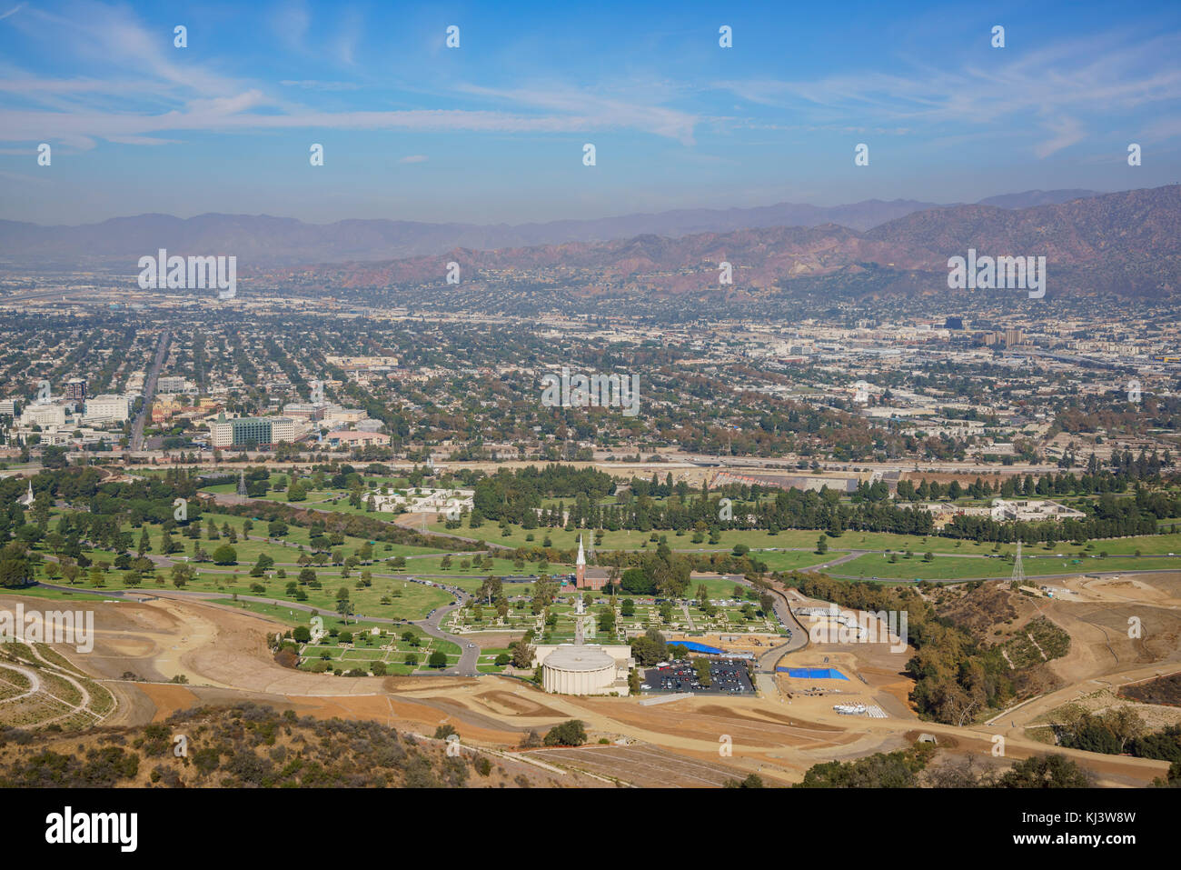Aerial view of Burbank cityscape, from Hollywood sign trail, California ...