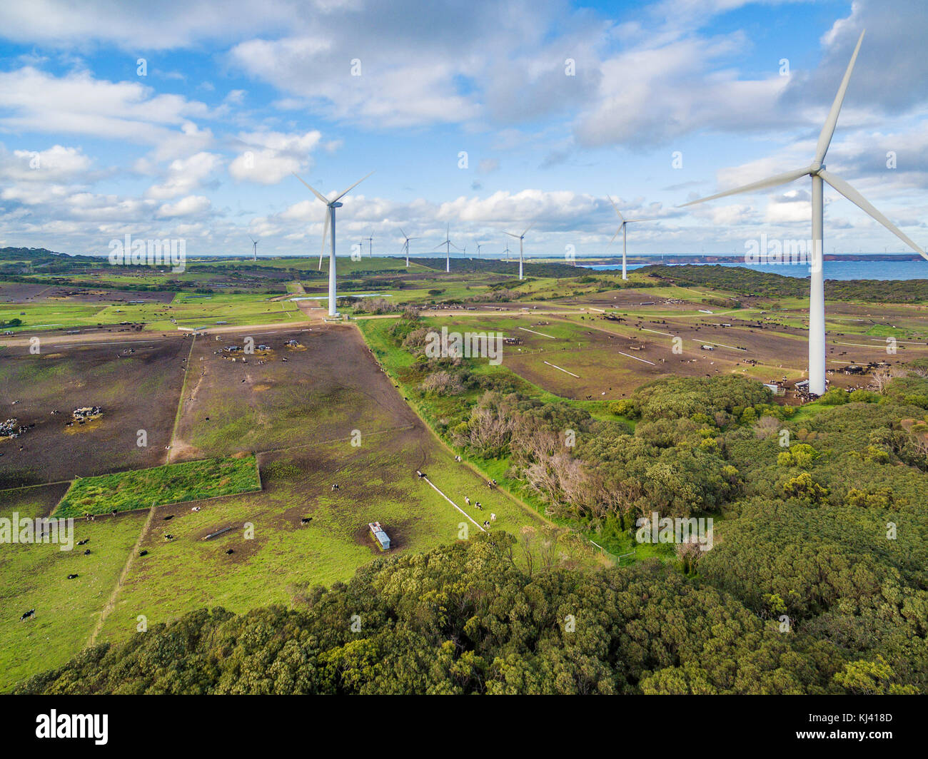 Aerial view of wind farm and agricultural fields in Australia Stock ...