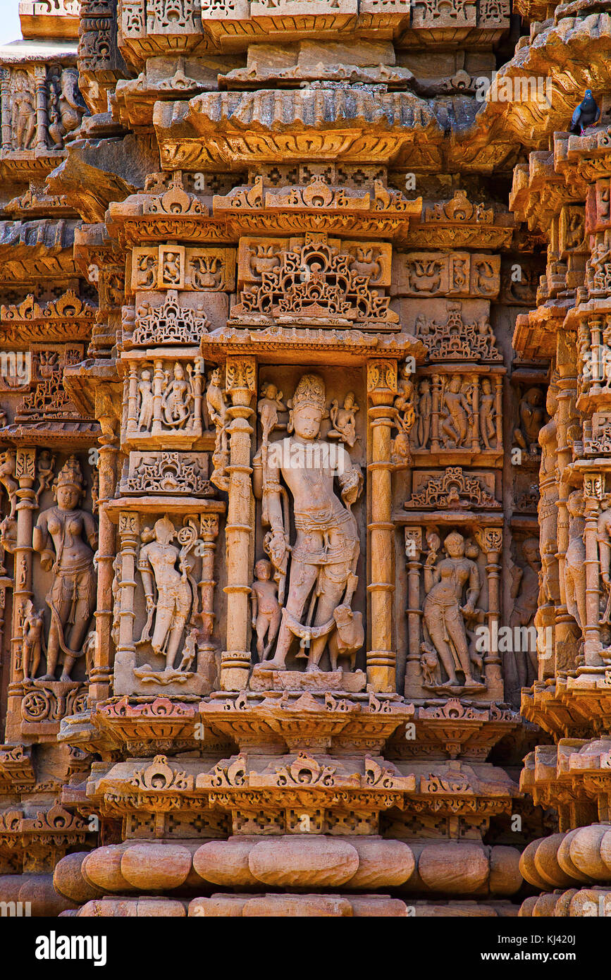 Carving details on the outer wall of the Sun Temple. Modhera village of ...