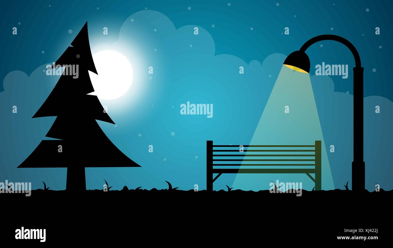 Travel night cartoon landscape. Fir, moon, shop, lantern illustration ...