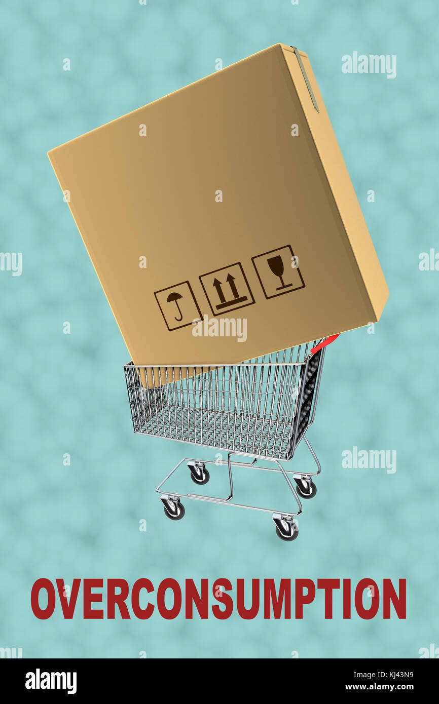 3D illustration of "OVERCONSUMPTION" title with a big cartoon in a ...