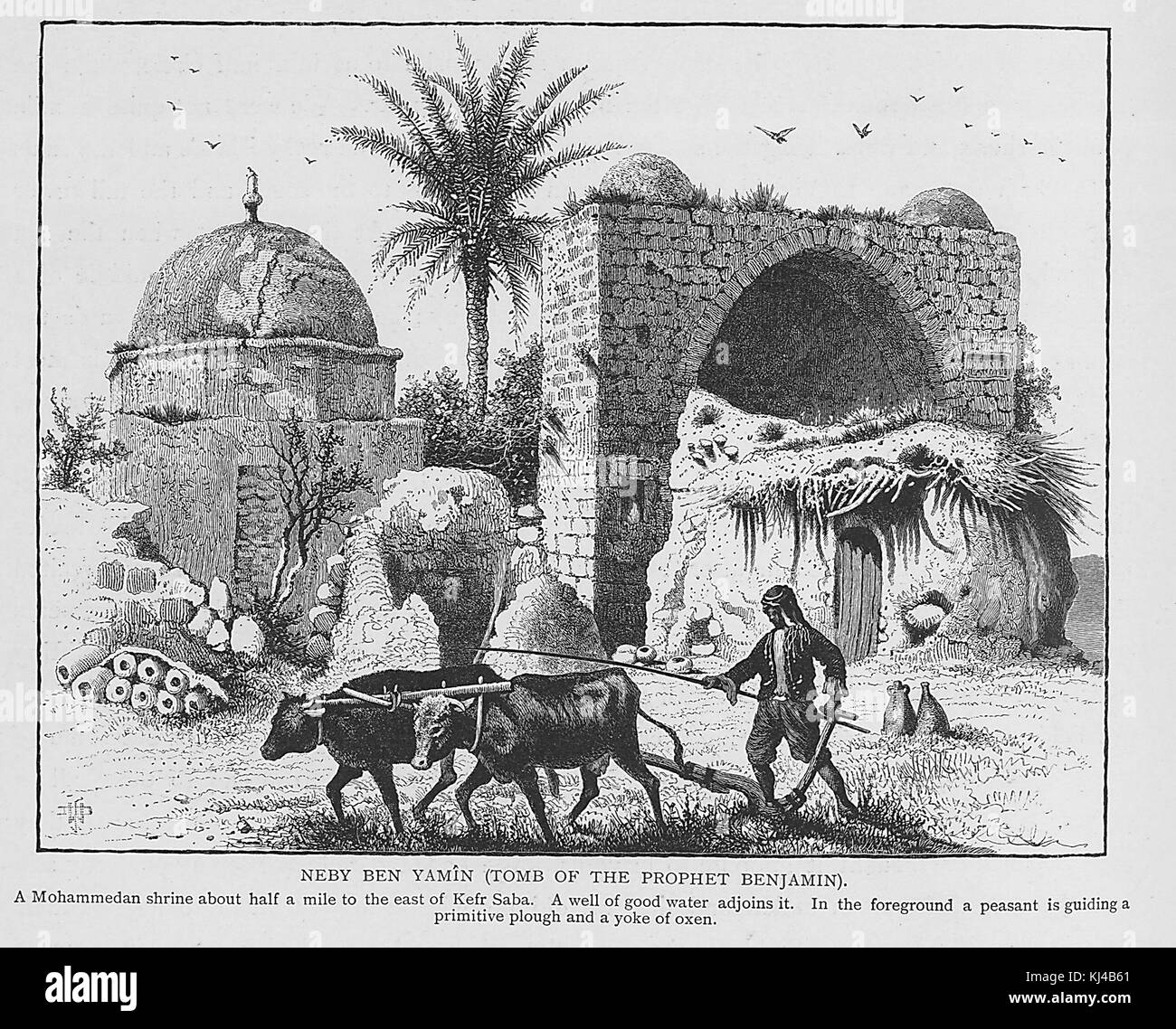 Wood engraving titled Neby ben Yamin (Tomb of the prophet Benjamin), a ...