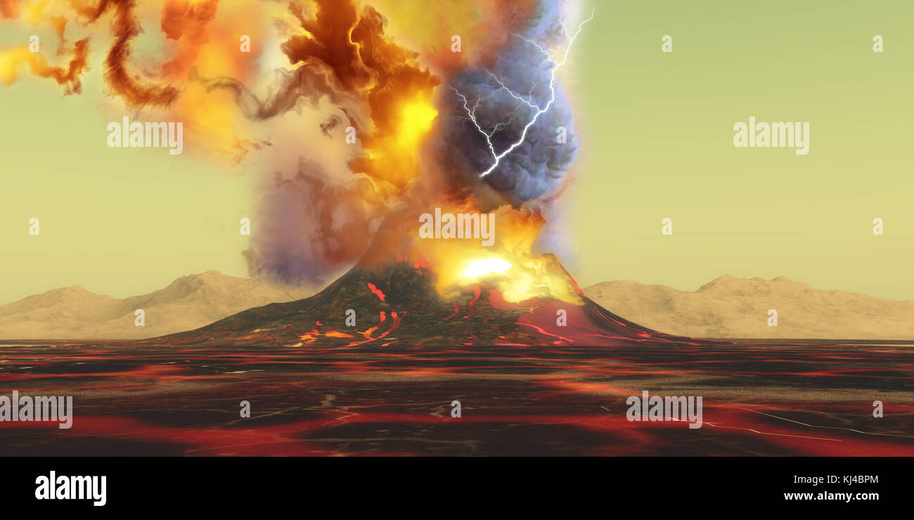 Volcano Eruption - A volcano erupts with a burst of smoke, fire and ash ...