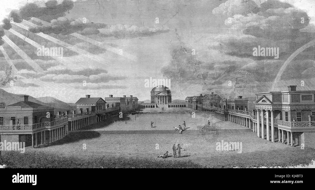 Engraving of the University of Virginia campus, sun shinning through ...