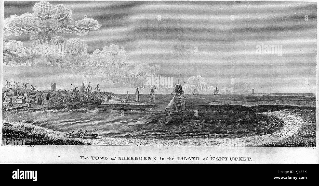 Engraving depicting a bay with boats, houses and people on the shore ...