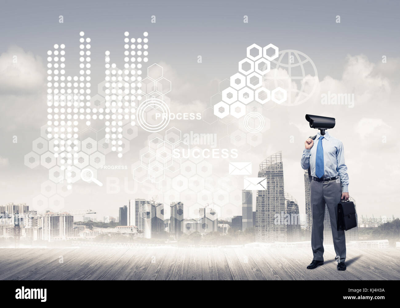 Camera headed man standing on wooden floor against modern citysc Stock ...