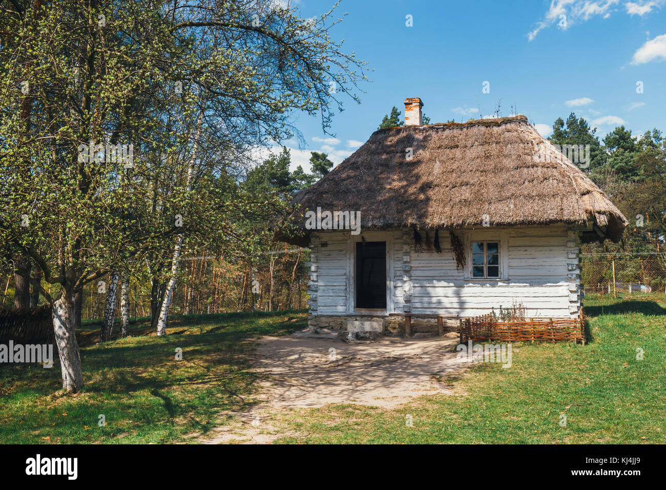 Old white log house with thatched roof Stock Photo - Alamy