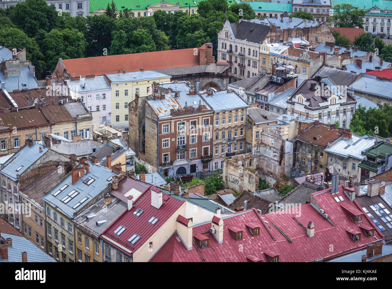 Aerial view from the tower of Town Hall on the Old Town of Lviv city in ...