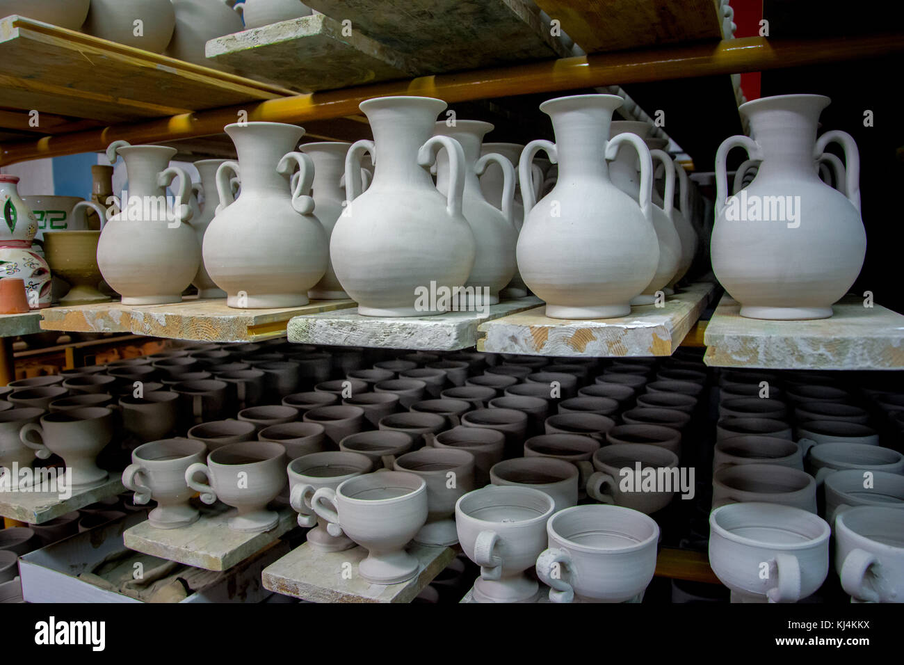 Storage of traditional handmade cups of clay in a pottery, Crete ...