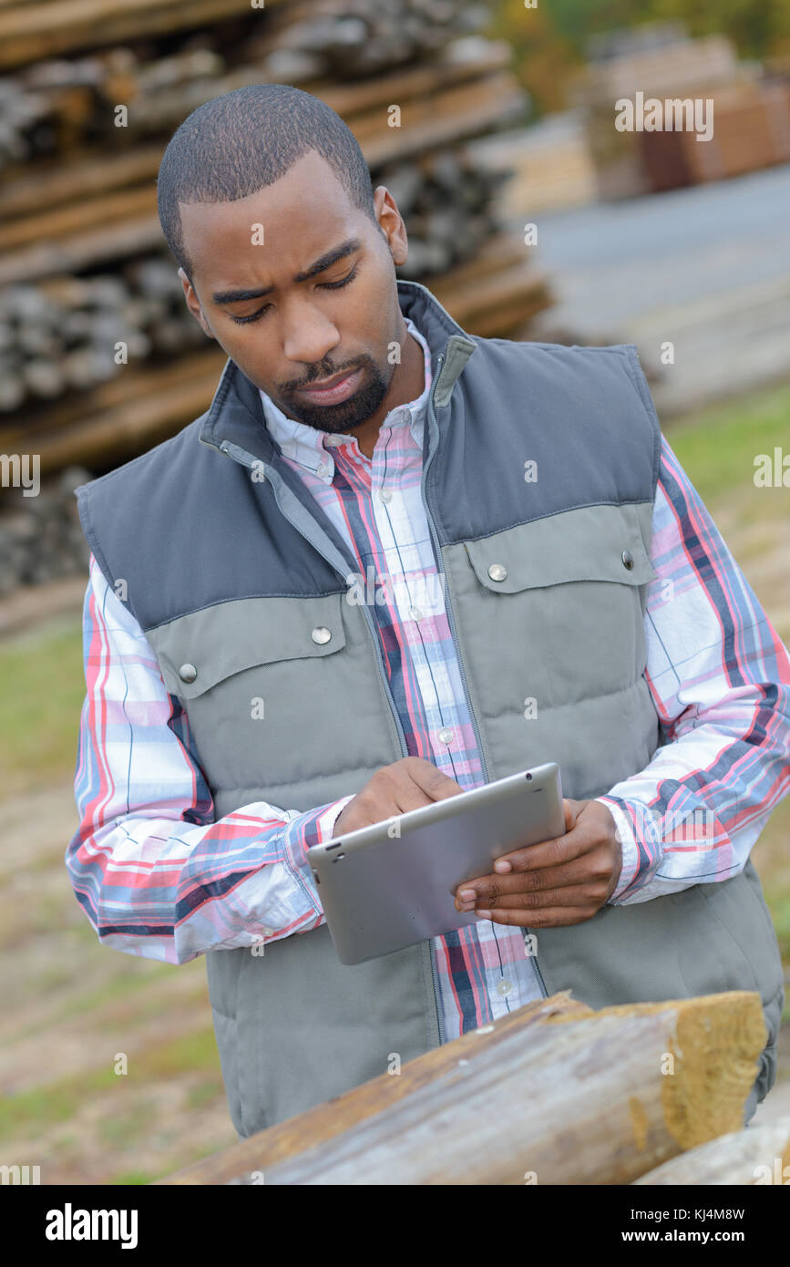 worker using a tab in the log yard Stock Photo - Alamy