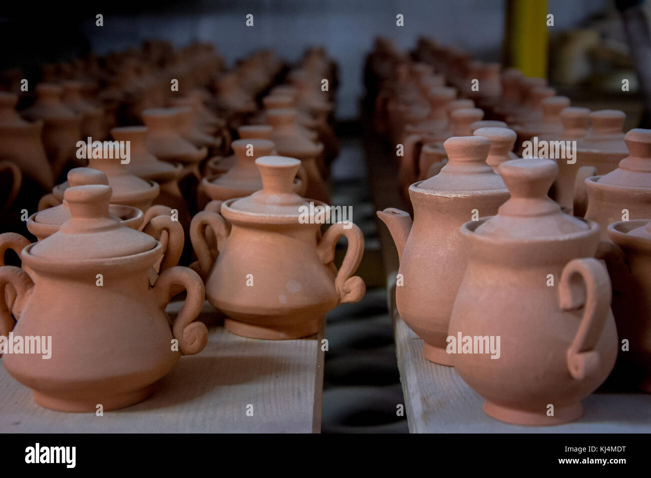 Storage of traditional handmade cups of clay in a pottery, Crete ...