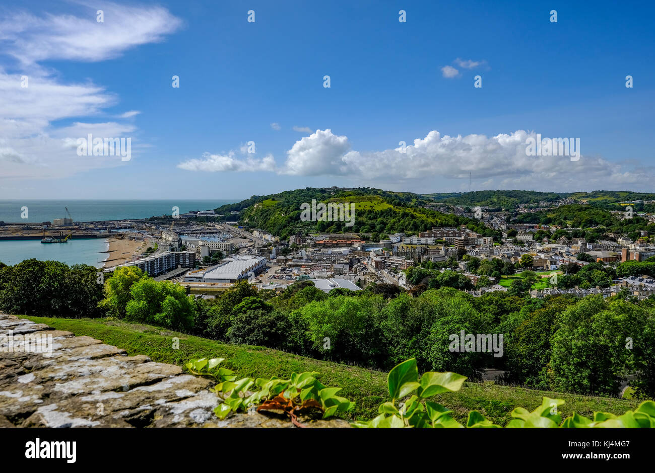 Aerial View of Dover and the harbor from the Castle up high. Summer ...