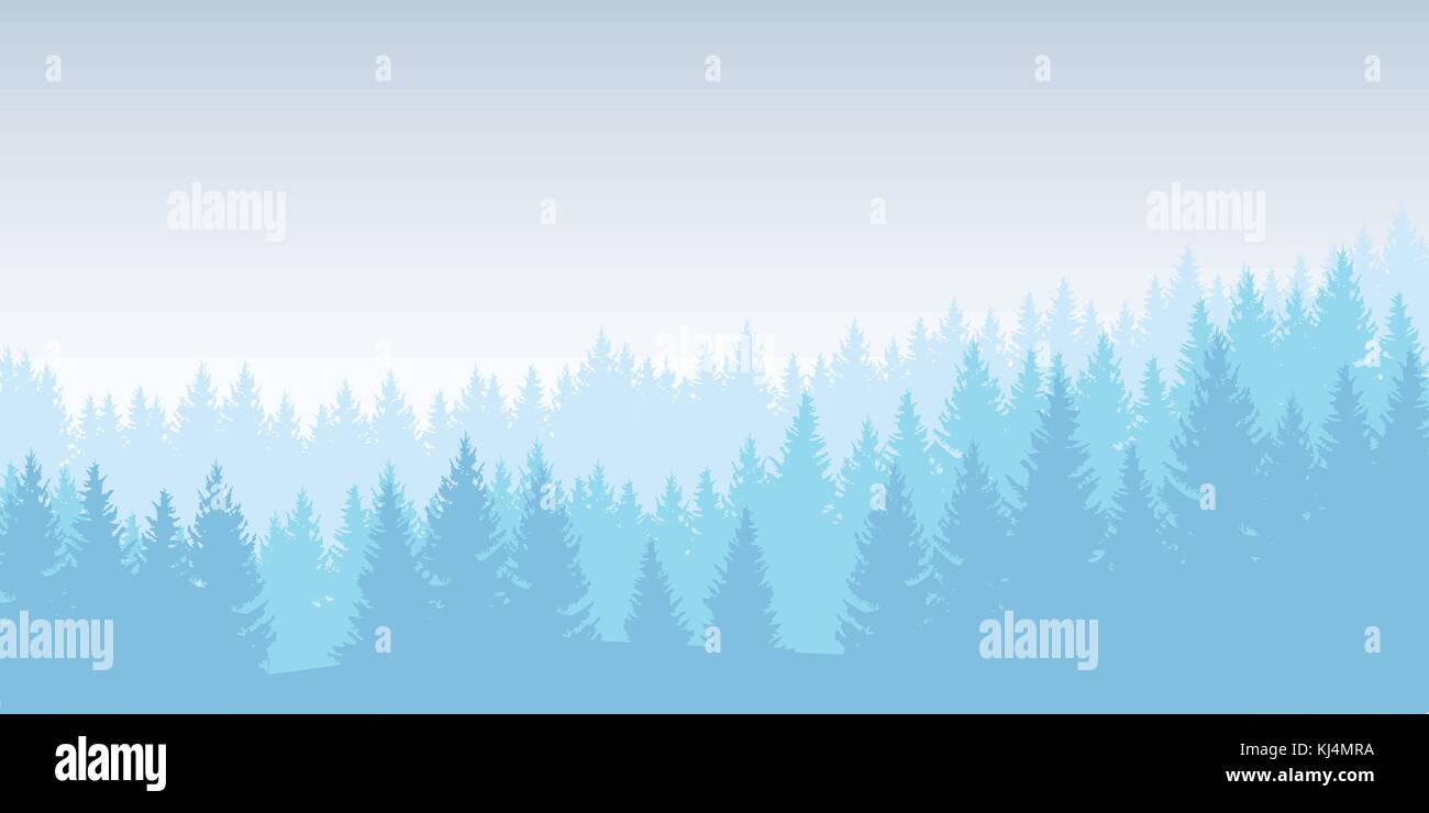 Vector illustration of a winter forest in several layers under a bright ...