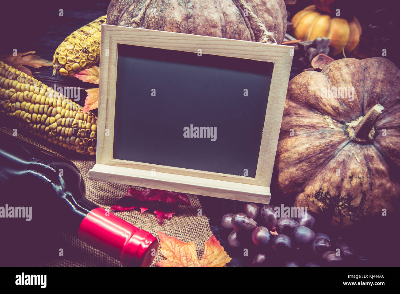 Thanksgiving background with fruit and vegetable on wood in autumn ...