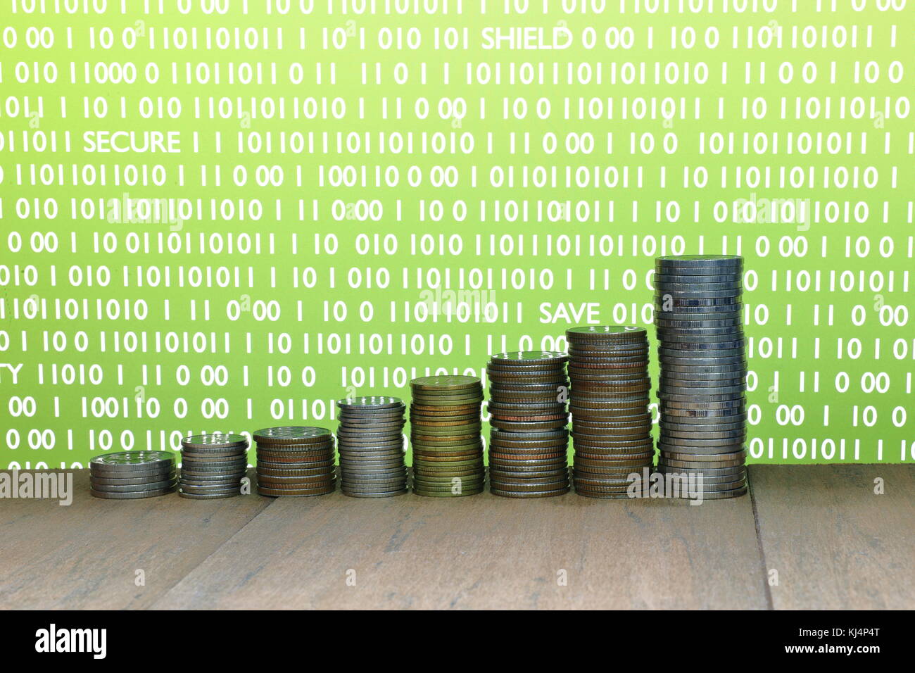 Digital economy. Coin stack increasing chart shape with green light and ...