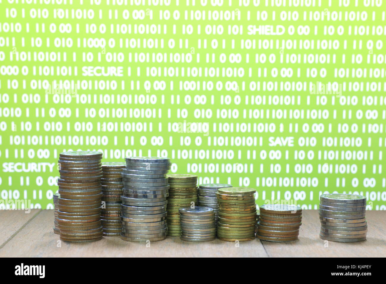 Digital economy. Coin stack increasing chart shape with green light and ...