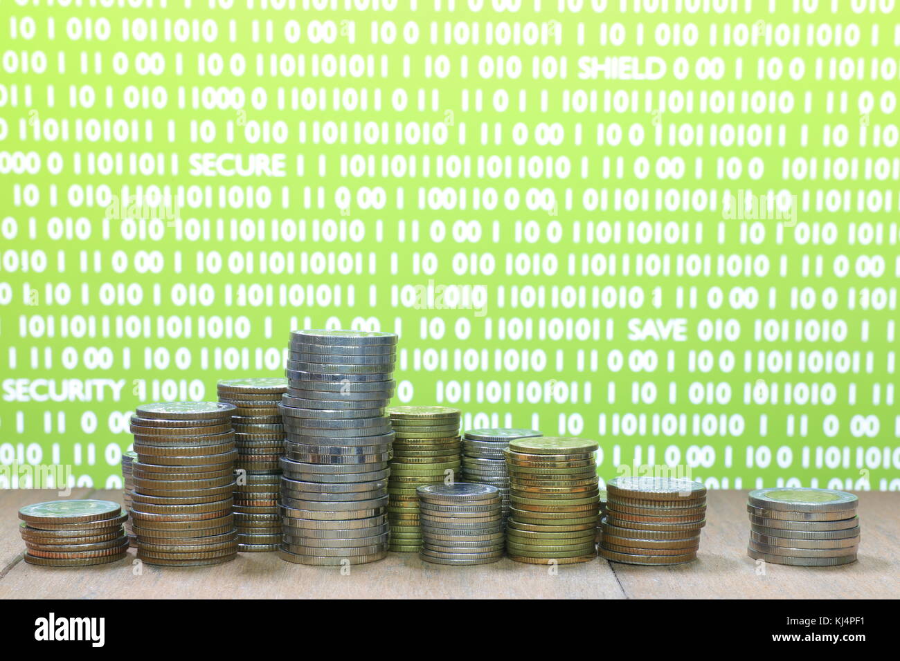 Digital economy. Coin stack increasing chart shape with green light and ...