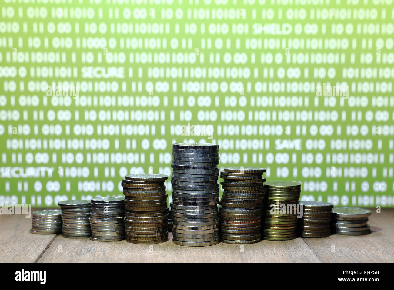 Digital economy. Coin stack pyramid shape with digital text and binary ...