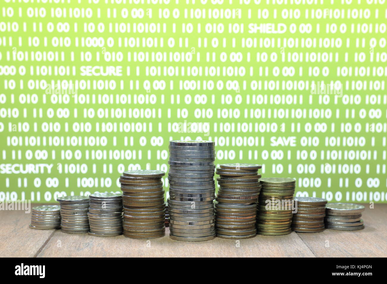 Digital economy. Coin stack pyramid shape with digital text and binary ...