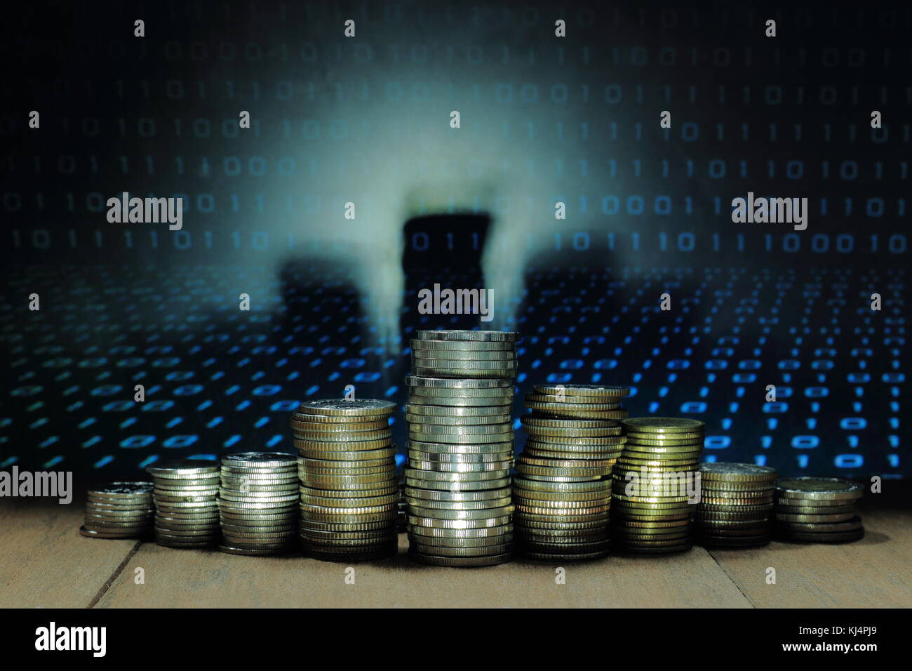Digital economy. Coin stack pyramid shape with digital binary code in ...