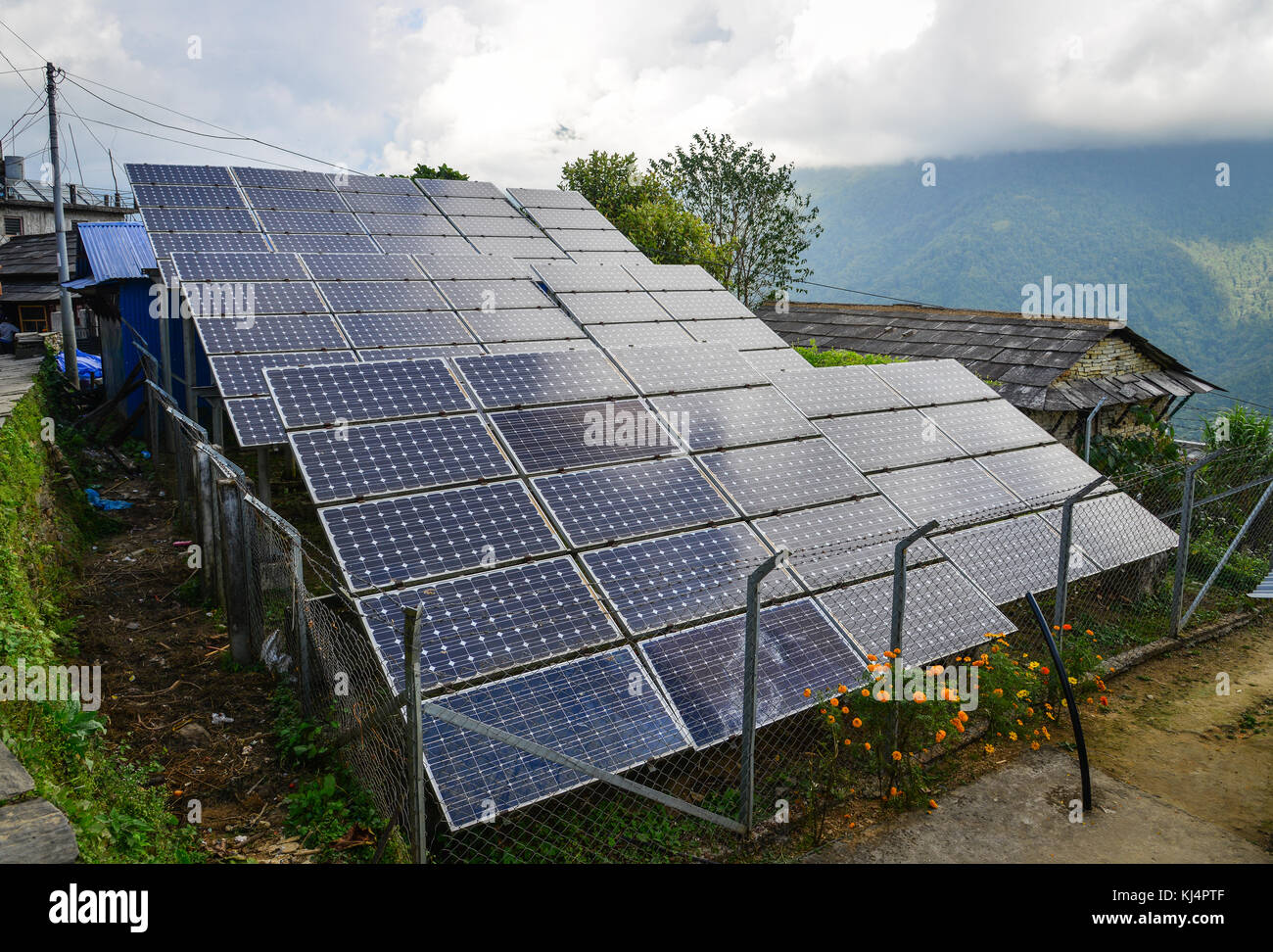 Solar panels in Ghandruk, Nepal. Ghandruk is a popular place for treks ...