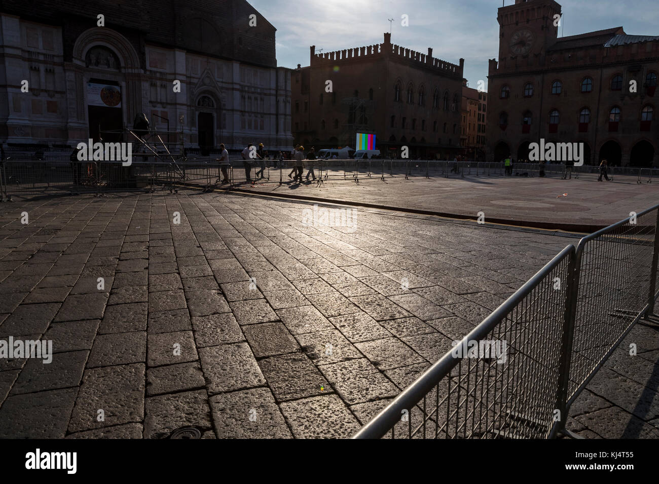 Piazza Maggiore, amidst preparation for a Papal visit. Bologna city ...