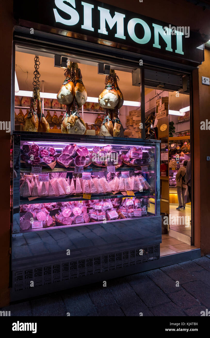 The famous Simoni butchers on Via Drapperie. Bologna city life, Italy ...