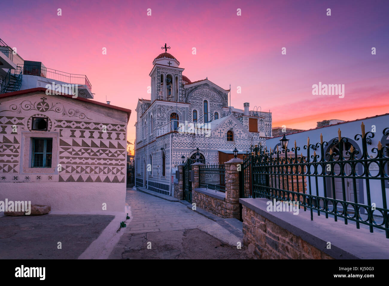 Church with traditional decoration in Pyrgi village on Chios island ...
