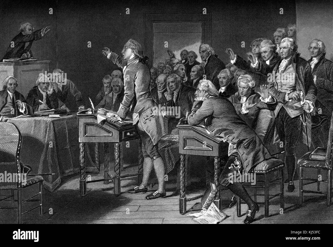 An engraving from a painting of Patrick Henry delivering an address ...