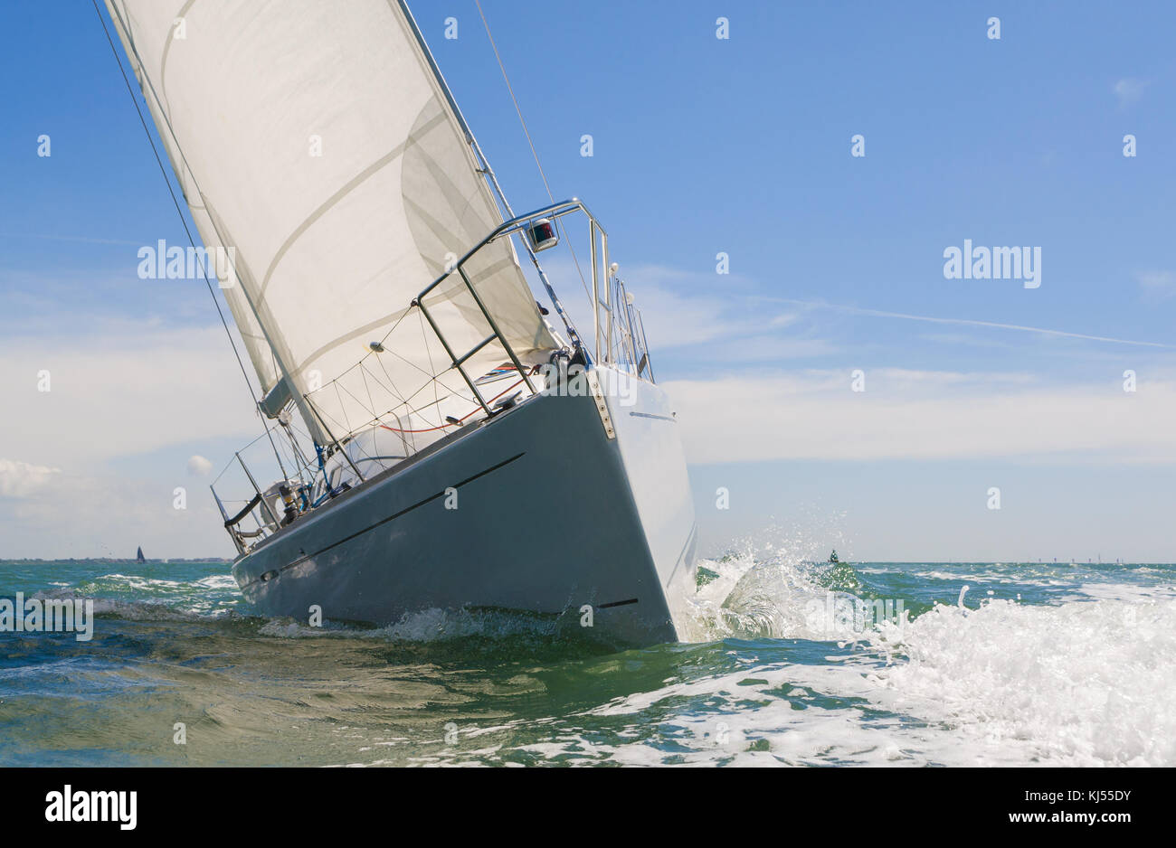 Close up of sailing boat, sail boat or yacht at sea on summer day with ...