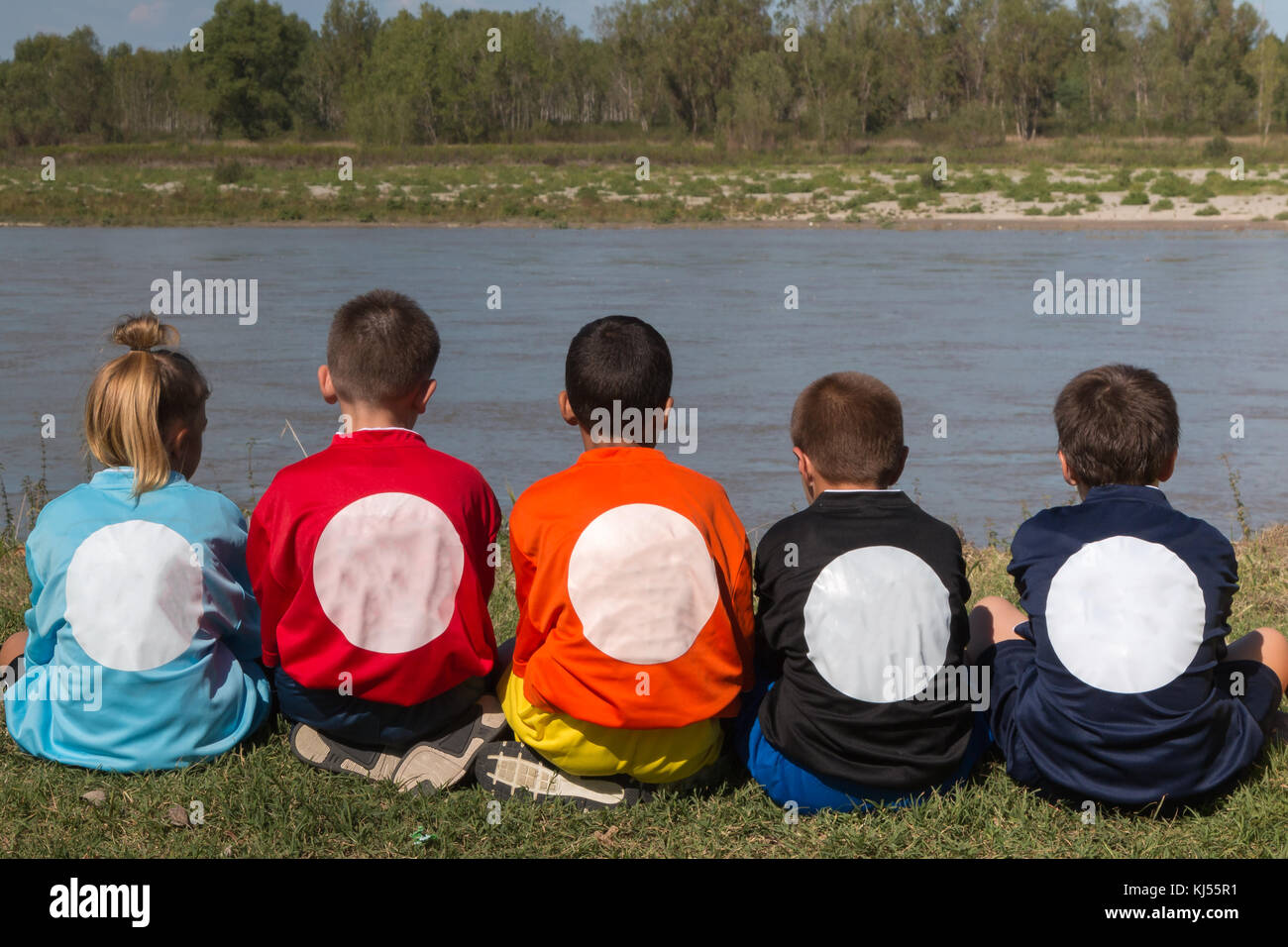 Children in Line Back Turned with Shirts with Different Colors Seated ...