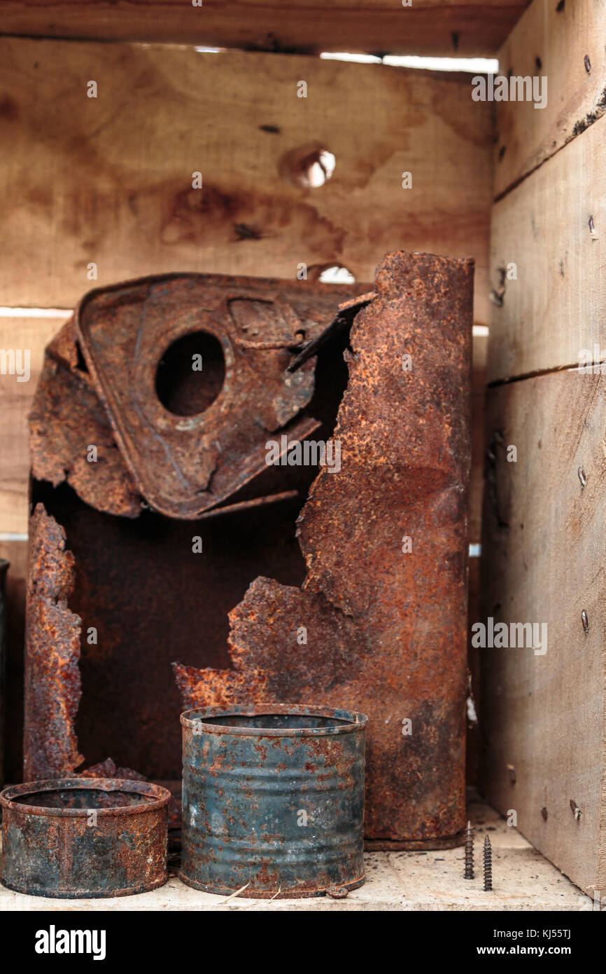 Three Rusted Aluminum Can inside Wooden Container Stock Photo - Alamy