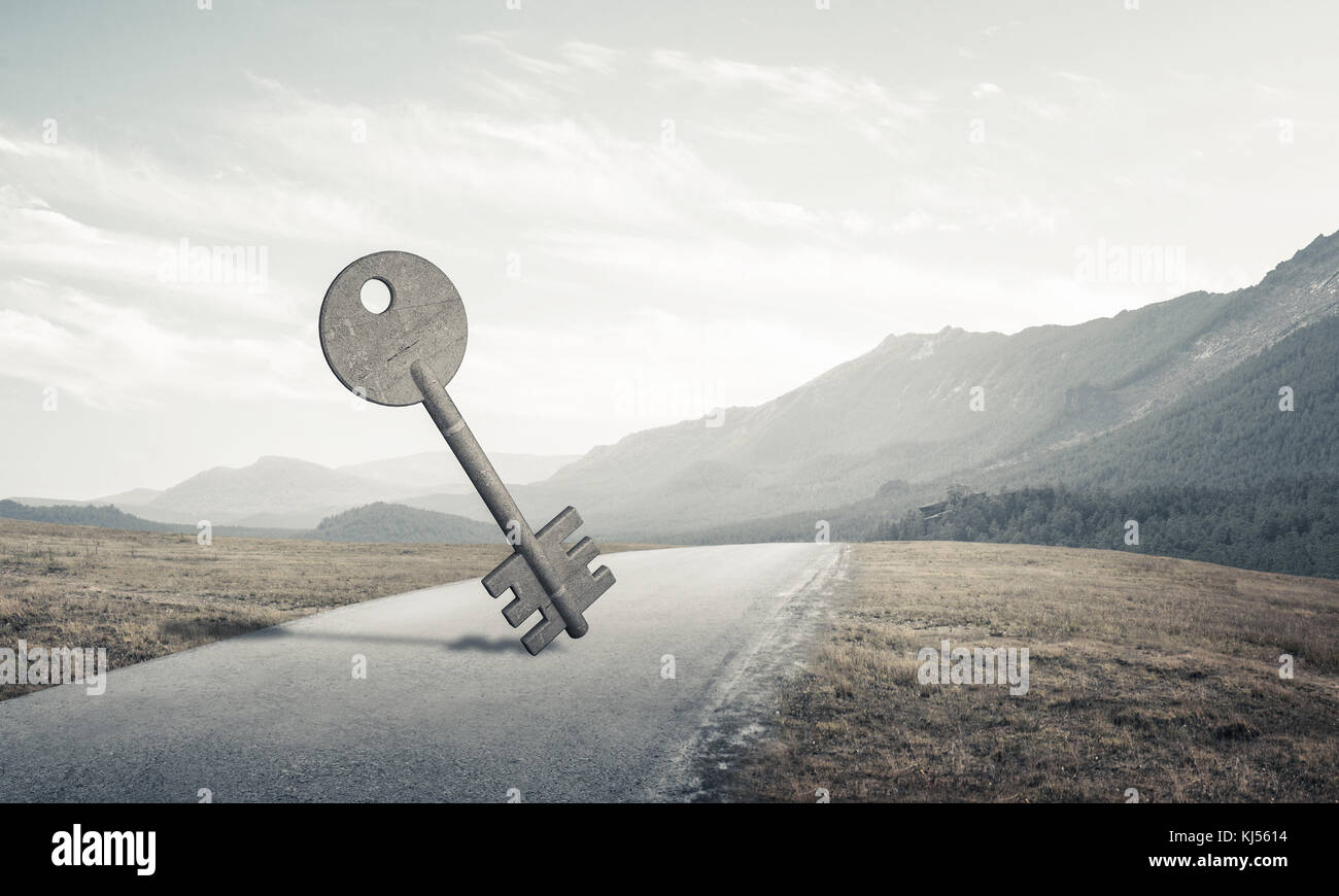 Conceptual background image of concrete key sign on asphalt road Stock ...